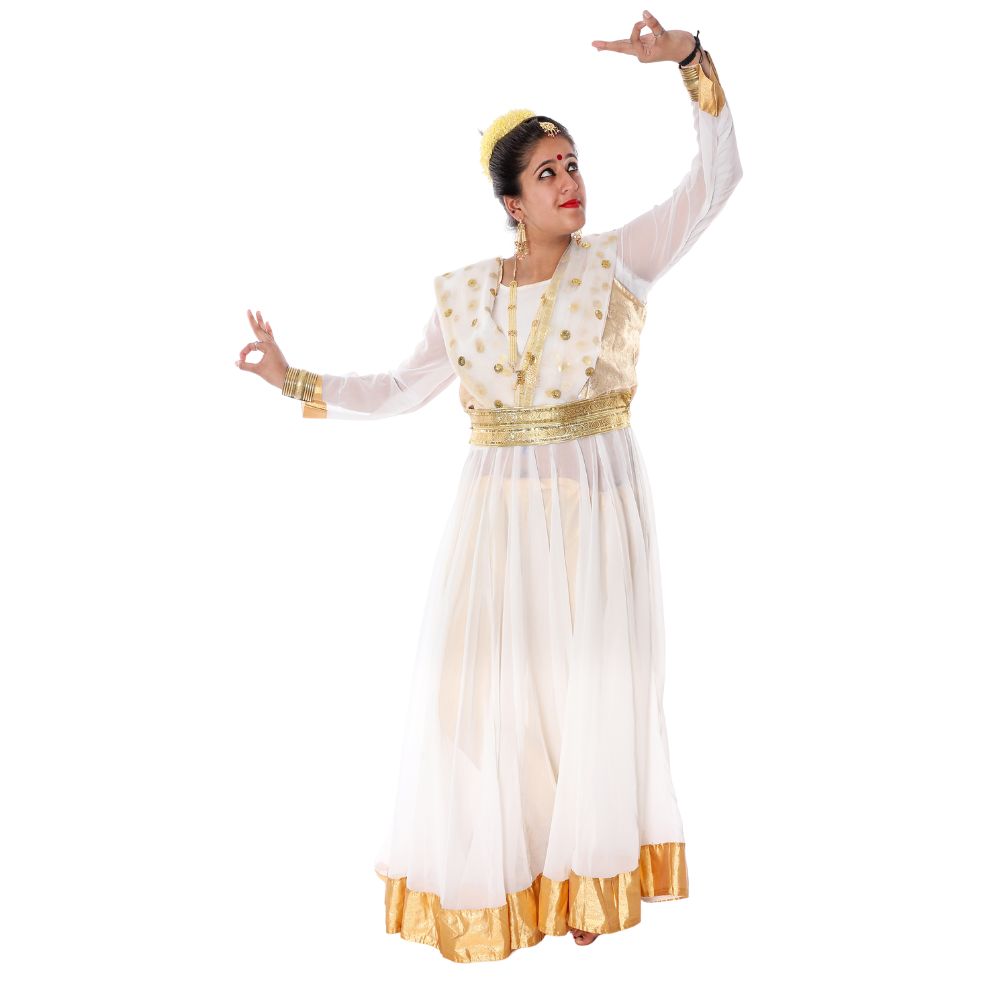 Kathak Dance Anarkali Dress in White & Golden – Traditional Costume for ...