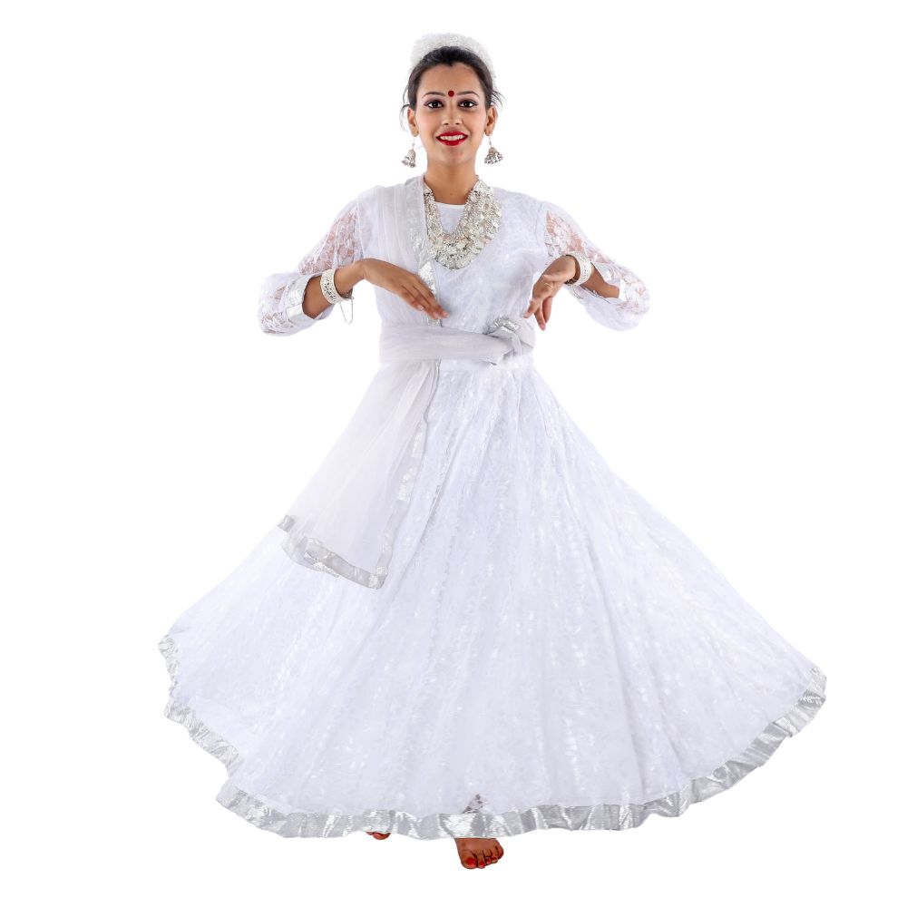 Kathak Dance Anarkali Dress in White & Silver – Classical Dance Costume ...