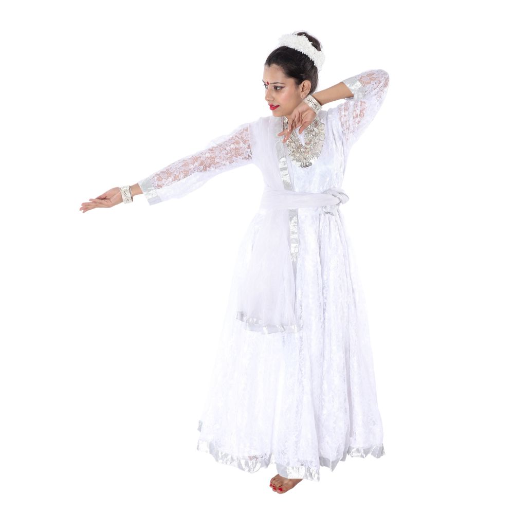 Kathak Dance Anarkali Dress in White & Silver – Classical Dance Costume ...