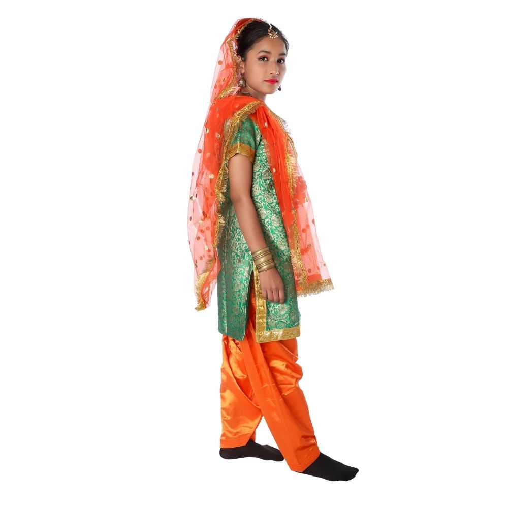 Bhangra Dance Costume for Girls – Punjabi Folk Dress in Green & Orange