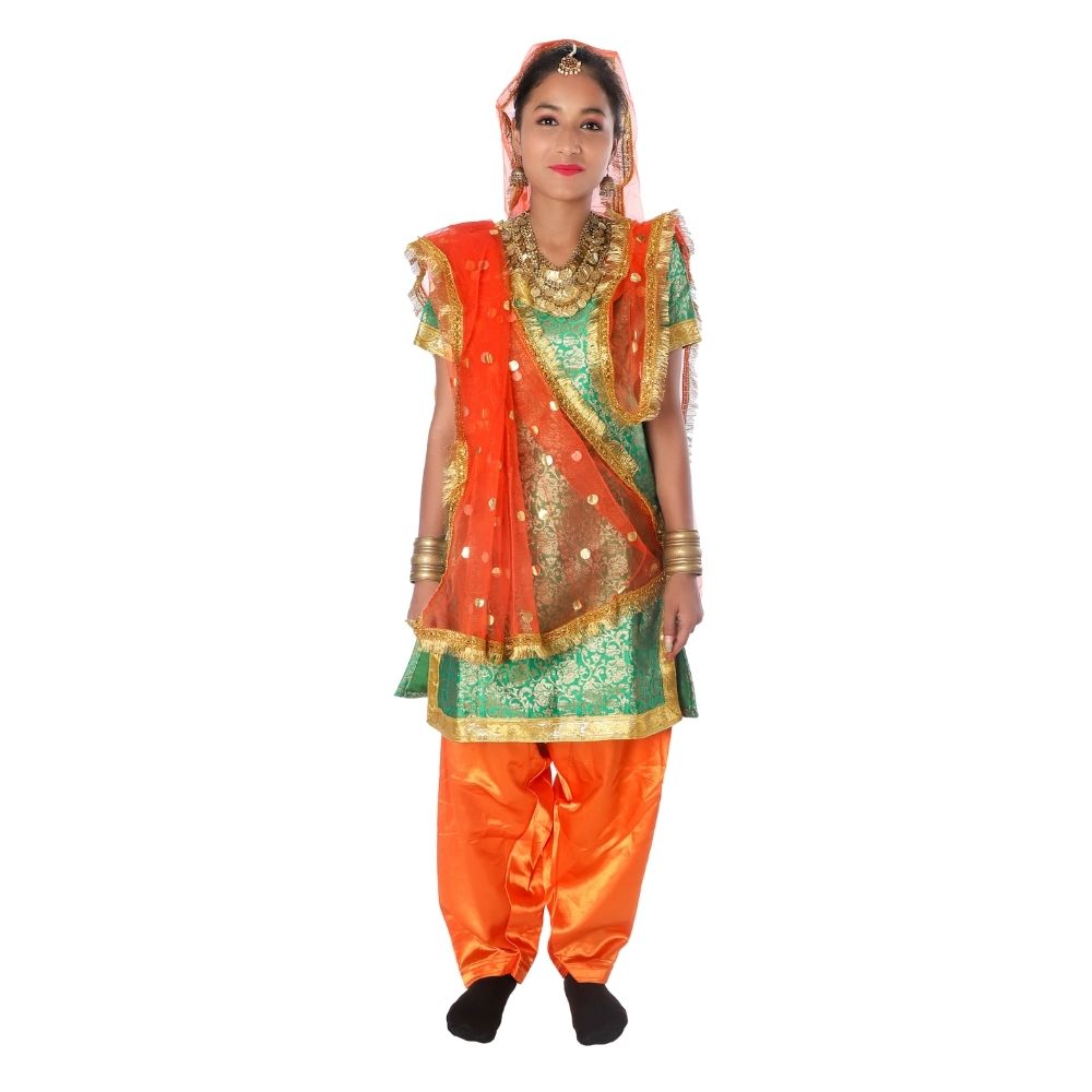 Bhangra Dance Costume for Girls – Punjabi Folk Dress in Green & Orange